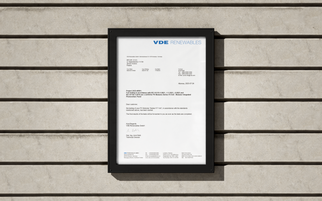 Certification of the FIT VOLT panel by VDE Testing and Certification ...